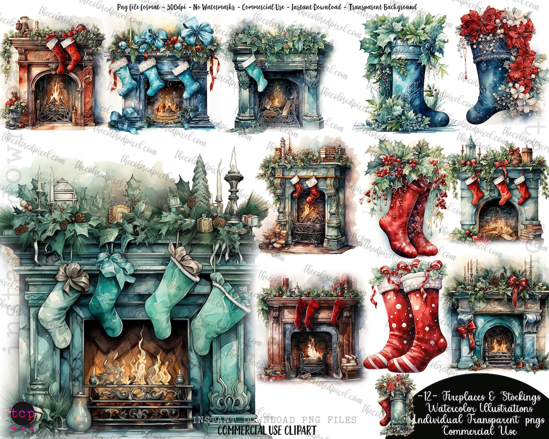 Christmas Fireplace Stockings Watercolor Clipart, Cute Christmas ...