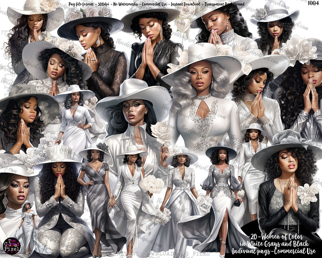 Praying Sisters Clipart, Church Hat Clip Art, Black Women in White Clipart, Women of Color ...
