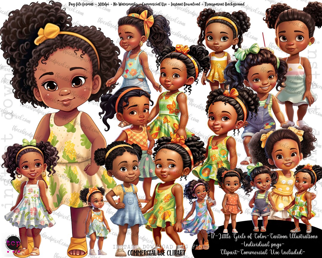 Little Black Girl Clipart, Cute Black Girl Clipart, PNG Clipart Bundle ...