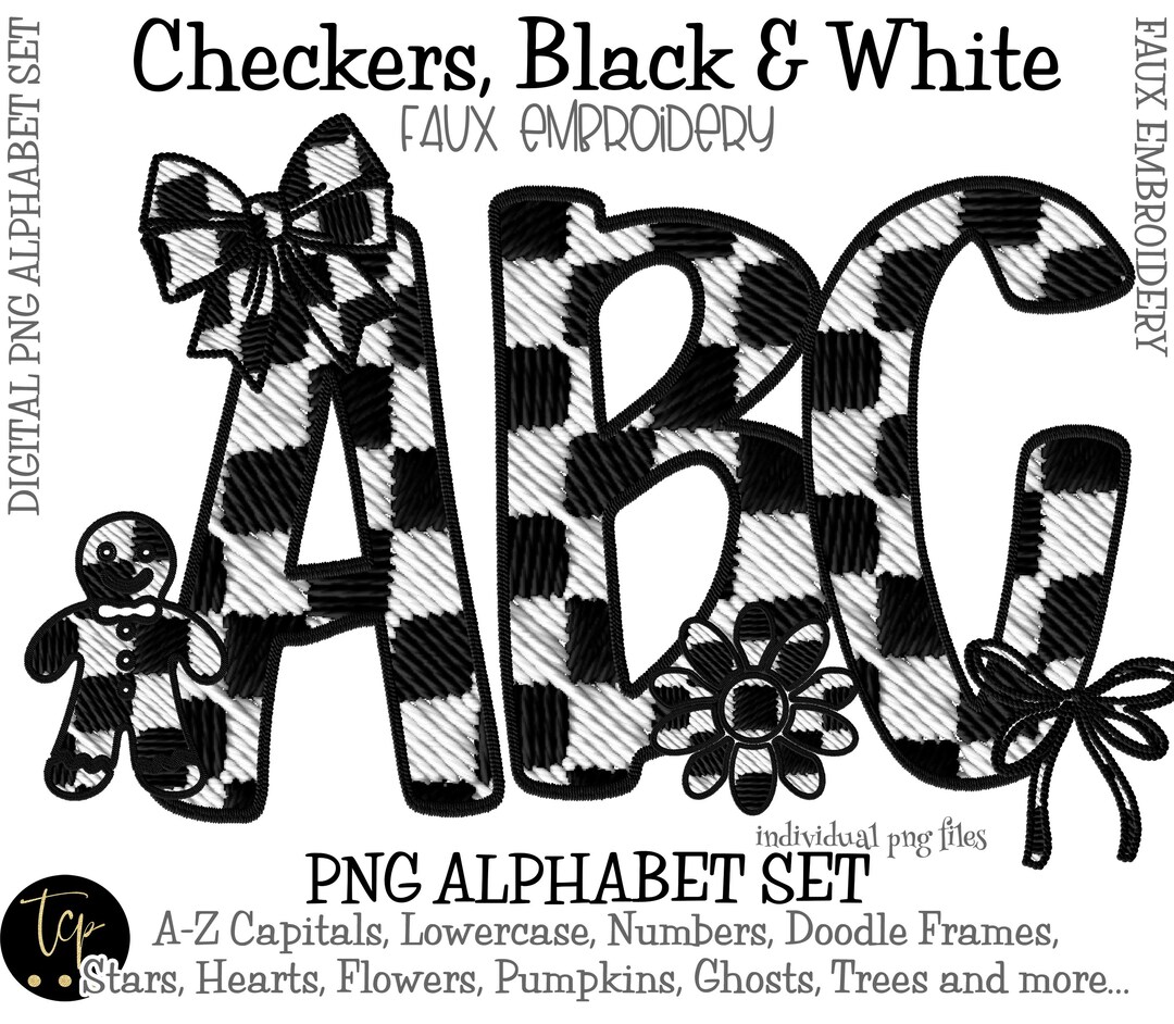Faux Embroidery Checkered Preppy Doodle Alphabet: Racing Sublimation ...