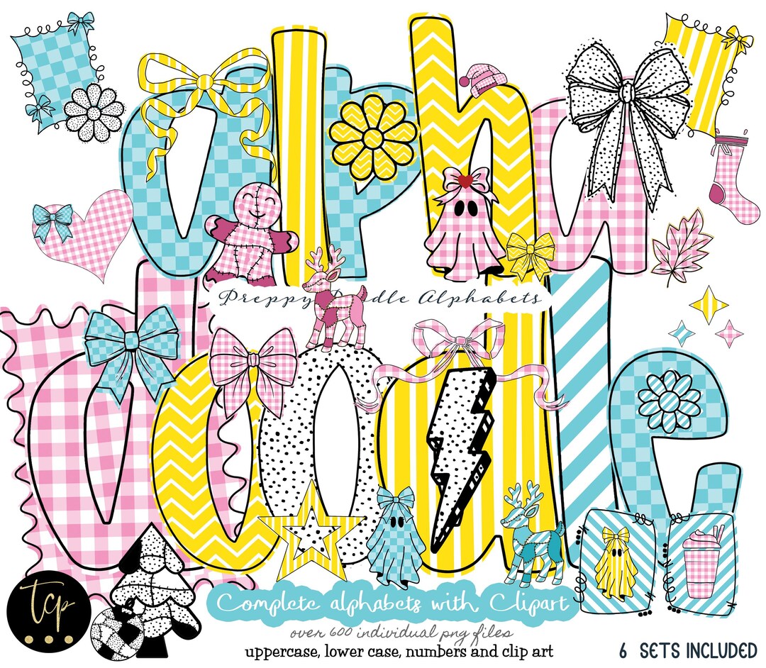 Doodle Alphabet PNG Bundle: Preppy Letters, Checkered & Striped ...
