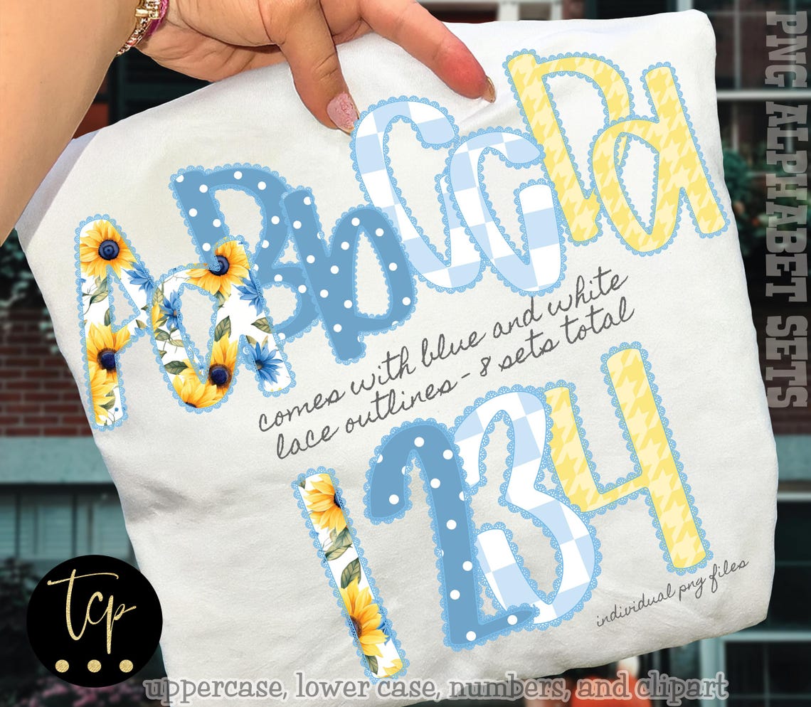 Sunflower Alphabet Set With Clipart: Preppy Blue Lace Letters (digital ...