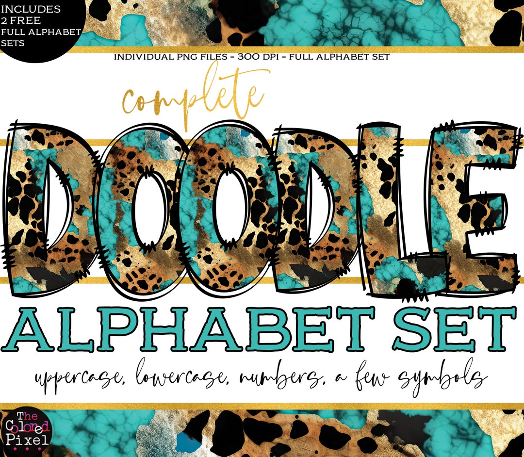 Doodle Alphabet Clip Art Set PNG Files Leopard Teal Gold - Etsy New Zealand