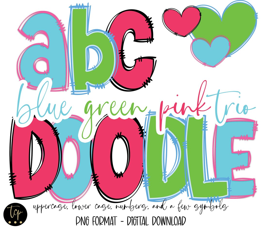 Doodle Alphabet PNG Bundle: Green, Blue, Pink Hand Drawn Letters ...