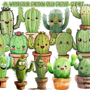 Silly Cactus Cartoon Clipart Pngs, Kawaii Cactus, Watercolor for ...
