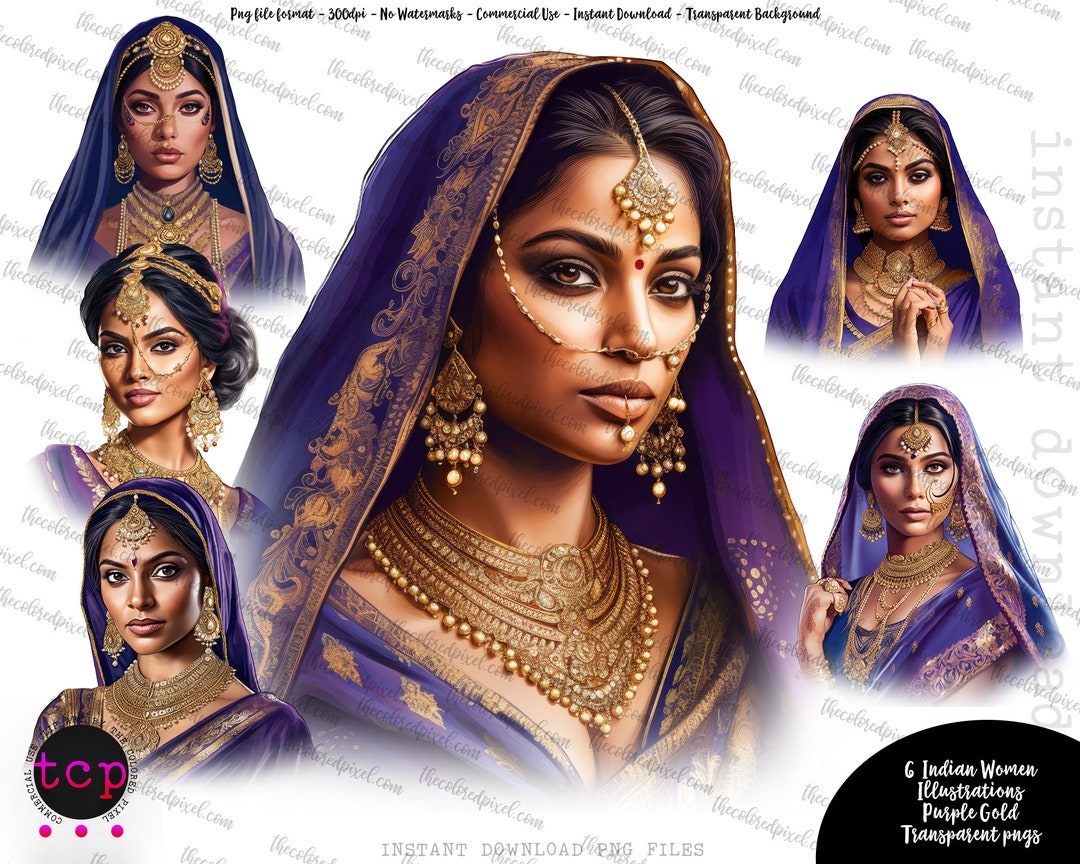 Indian Woman Clipart: Purple Ghoonghat, Bollywood Sticker (PNG Digital ...