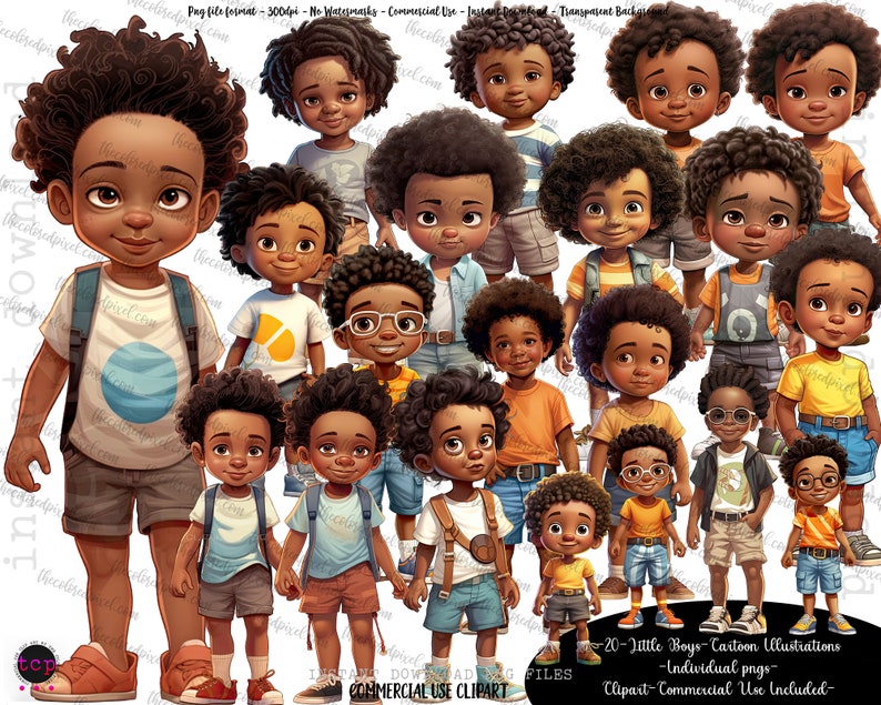 Little Black Boy Clipart, Cute Black Boy Clipart, PNG Clipart Bundle ...