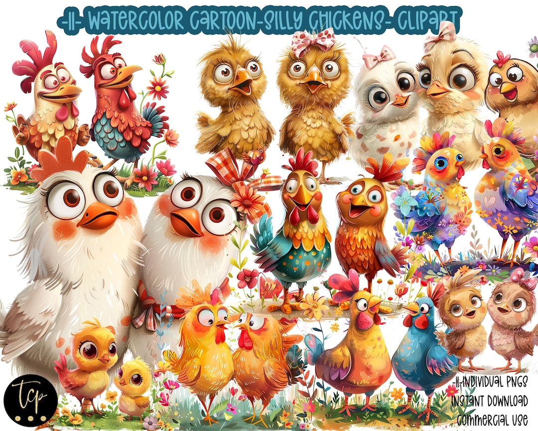 Silly Chicken Cartoon Clipart Pngs, Funny Chicken, Watercolor for ...