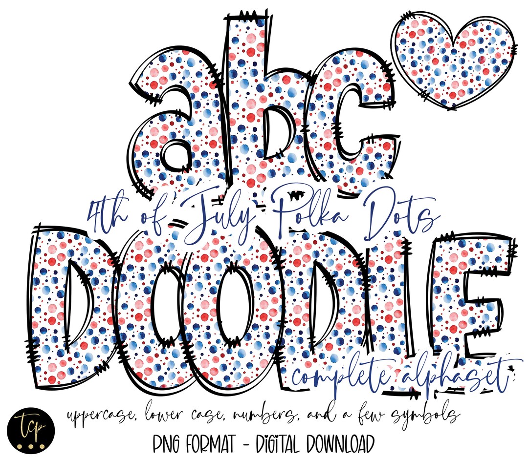 Patriotic Doodle Alphabet: Red White Blue Polka Dot PNG Bundle (digital ...