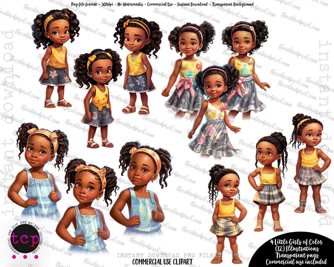 Little Black Girl Clipart, Cute Black Girl Clipart, PNG Clipart Bundle ...