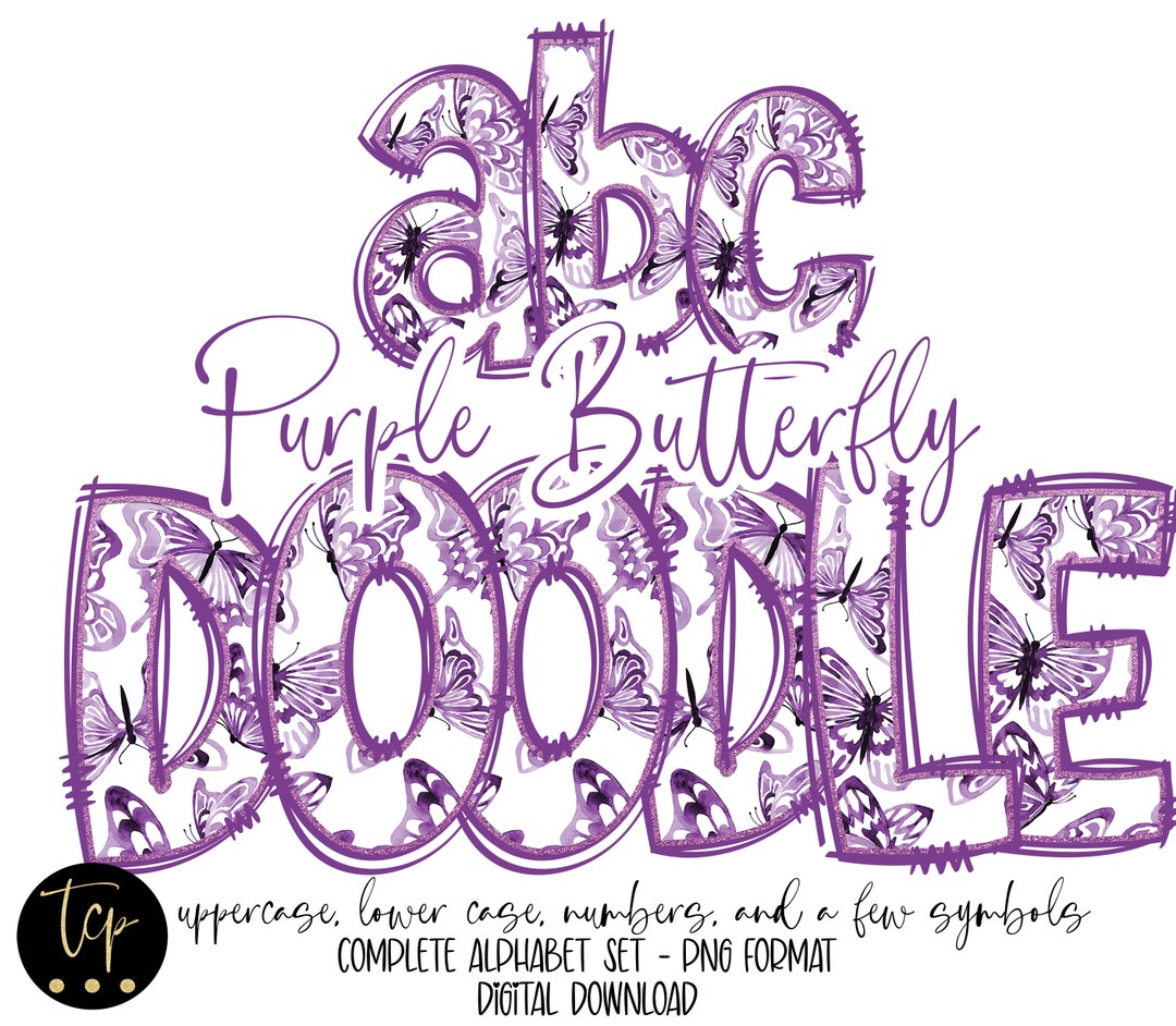 Purple Butterfly Doodle Letters PNG Alphabet Bundle, Hand Drawn Alpha ...