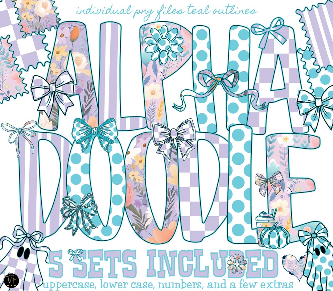 Pastel Doodle Alphabet PNG Set: Floral Checkered Letters (digital ...