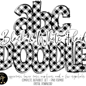 Doodle Letters PNG Alphabet: Black and White Plaid (digital Download ...