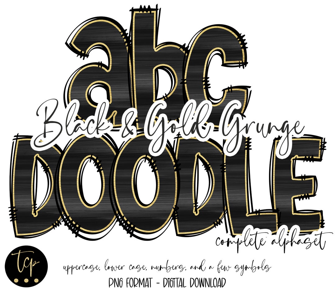 Black and Gold Doodle Letters PNG Alphabet Bundle, Hand Drawn Alphabet ...