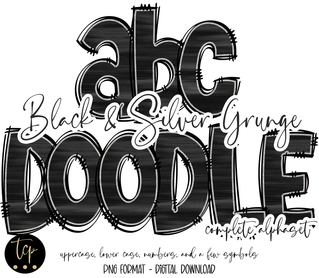 Black and Silver Doodle Letters PNG Alphabet Bundle, Hand Drawn ...