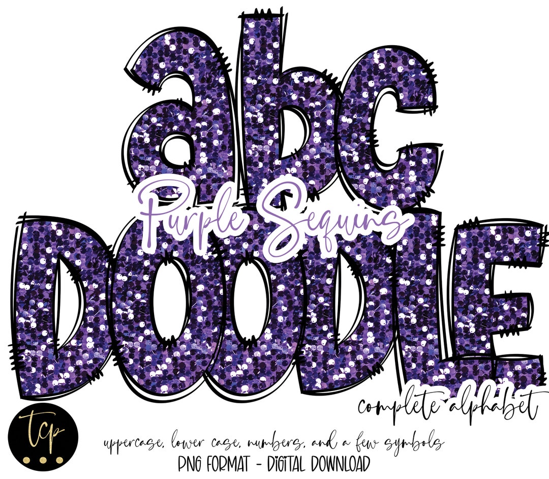 Purple Sequins Alphabet Hand Drawn Doodle Alpha Pack, Digital ...