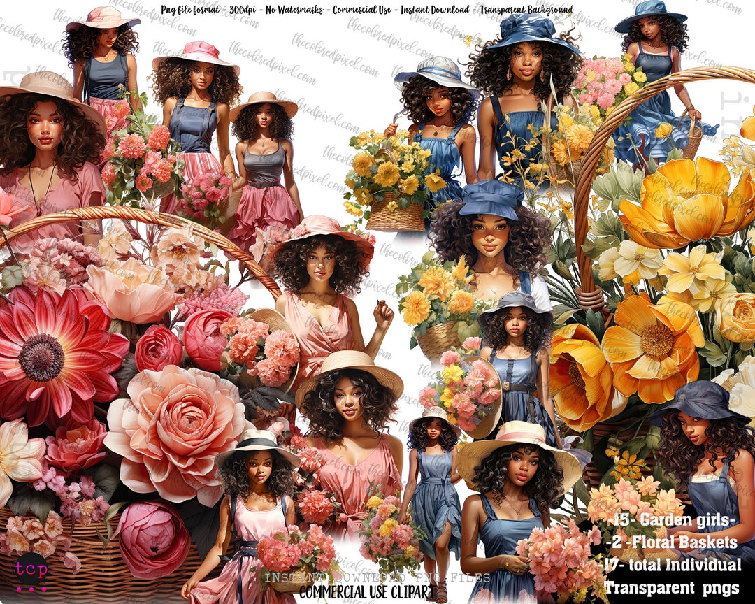 Garden Girl Clipart, Floral Clipart, Summer Garden Girls Clipart, Black ...