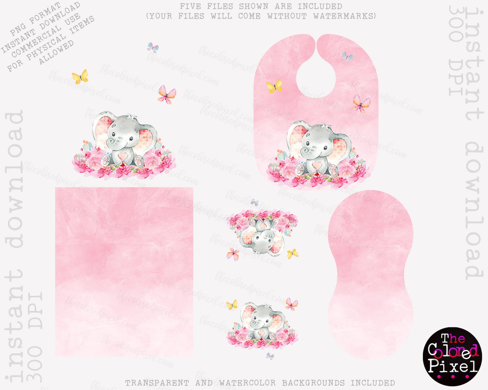 Pink Elephant Bib and Burp Cloth Sublimation PNG Set (digital Download ...