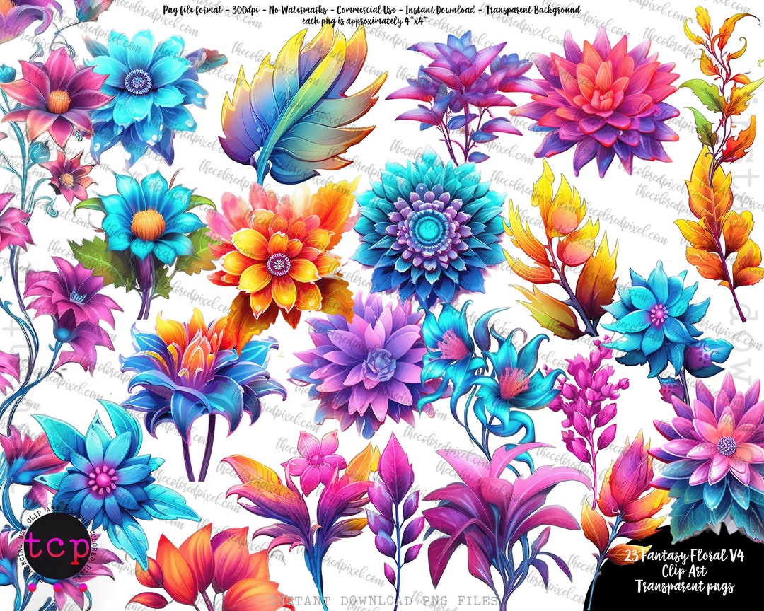 Fantasy Flowers Clipart, Sublimation Designs, Instant Download ...