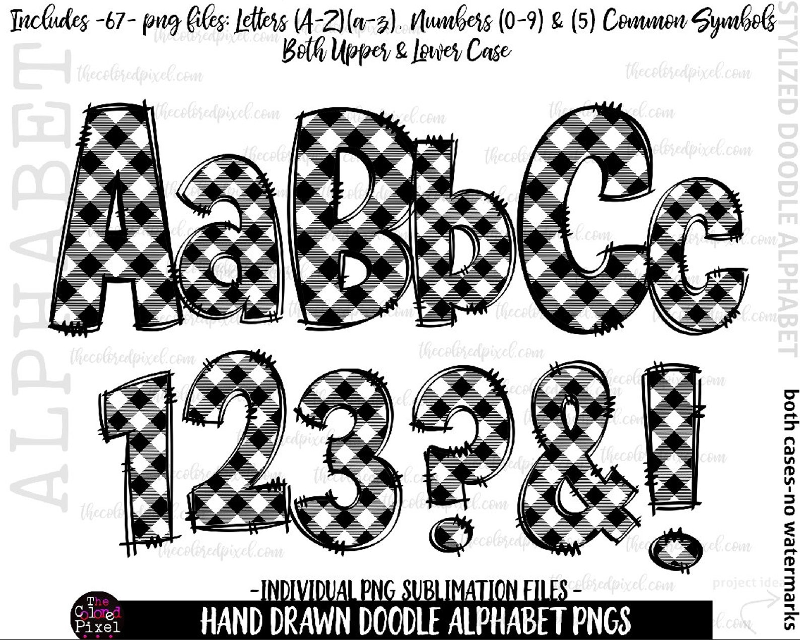 Doodle Letters PNG Alphabet: Black and White Plaid (digital Download ...