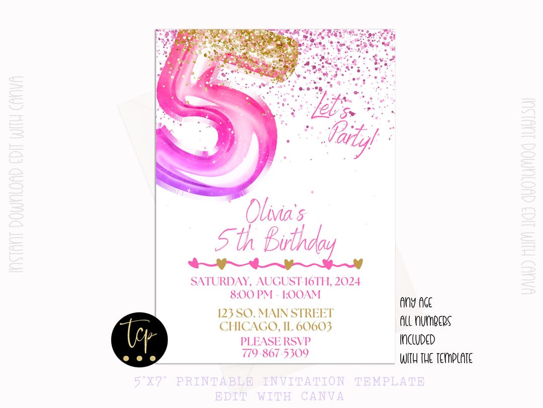 Girl 5th Birthday Invitation, Pink Glitter Birthday Invite, Balloon ...