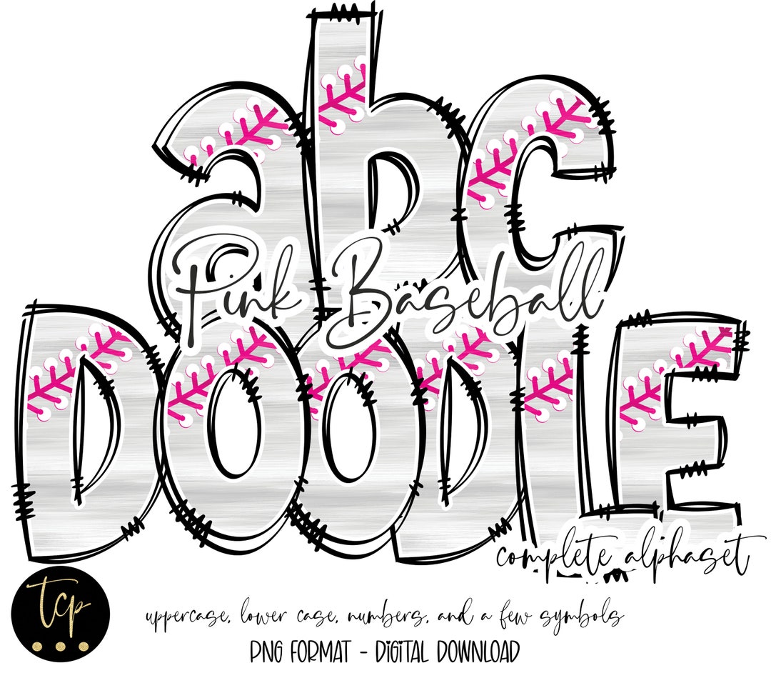 Pink and White Baseball Doodle Letters PNG Alphabet Bundle, Hand Drawn ...