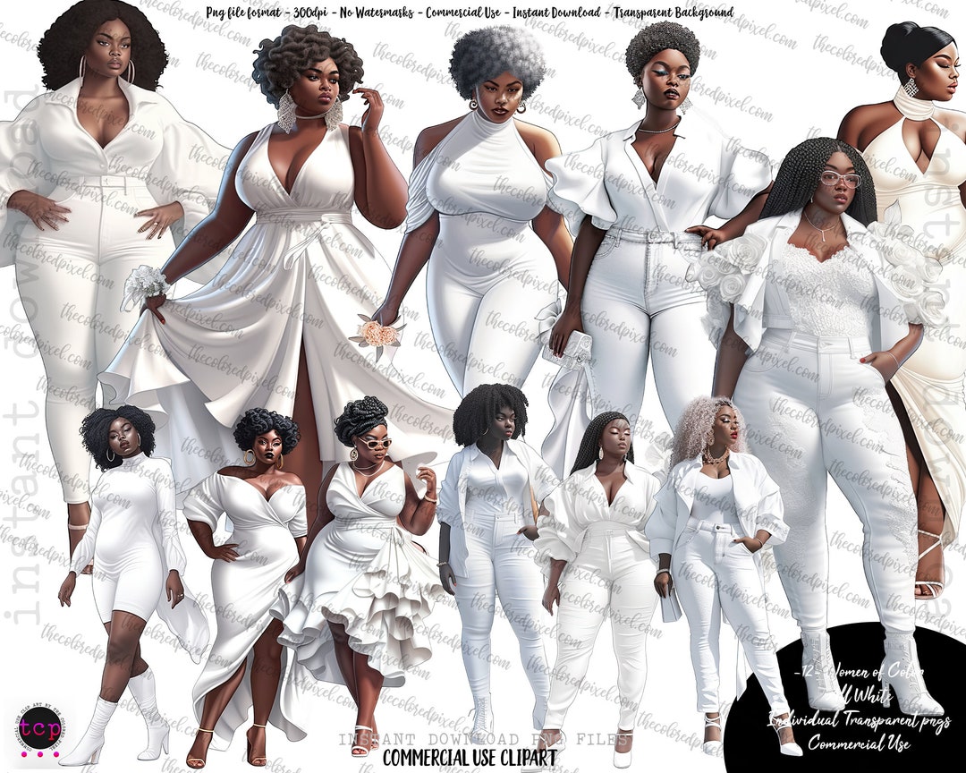 Black Woman Clipart: All White Fashion, Women of Color (digital ...