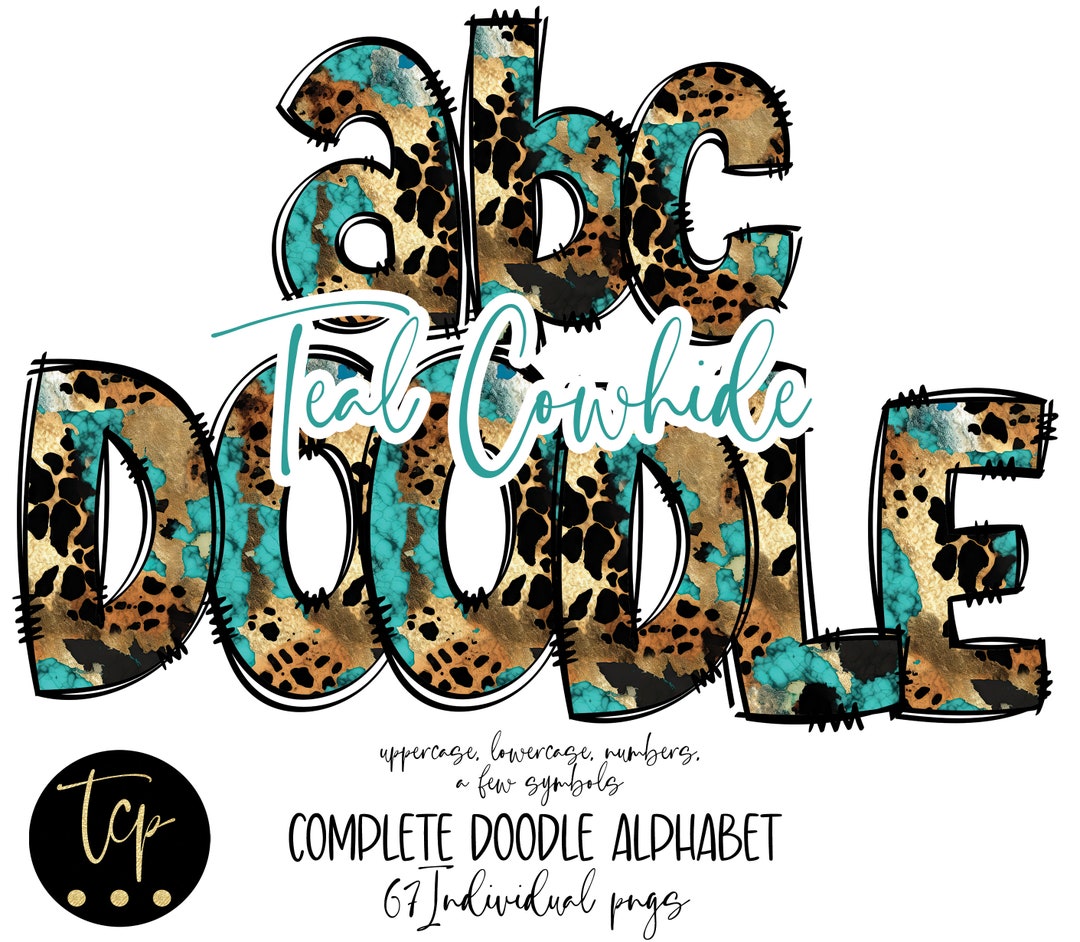 Doodle Alphabet Clip Art set PNG Files, Leopard teal gold rustic Doodle ...