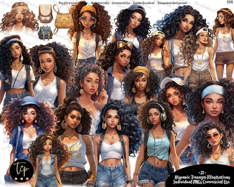 Hispanic Teen Girls Clipart: Latina Illustrations, Summer Vibes (PNG ...