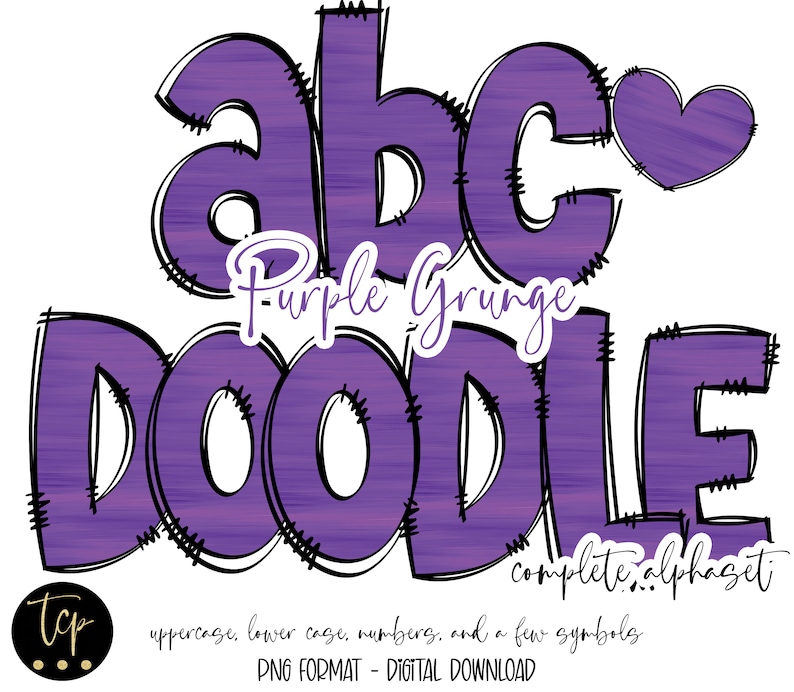 Purple Grunge Doodle Alphabet PNG Bundle, Hand-drawn Letters (digital ...