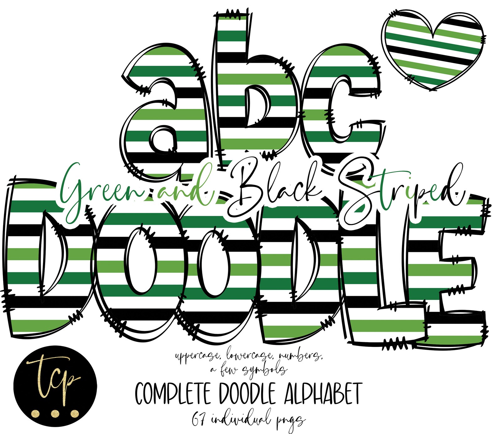 Striped Doodle Alphabet PNG Bundle: Green Black Letters (digital ...