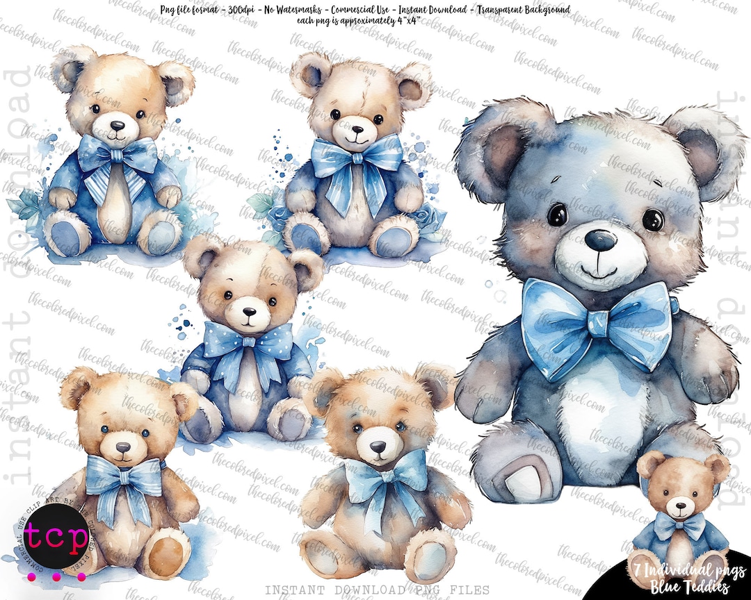 Watercolor Teddy Bear Blue, Instant Download Commercial Use, Watercolor ...