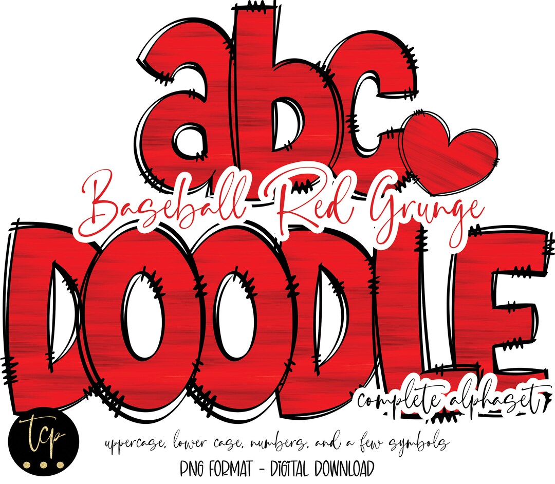 Red Doodle Alphabet PNG Bundle: Grunge Red Baseball Color (digital ...