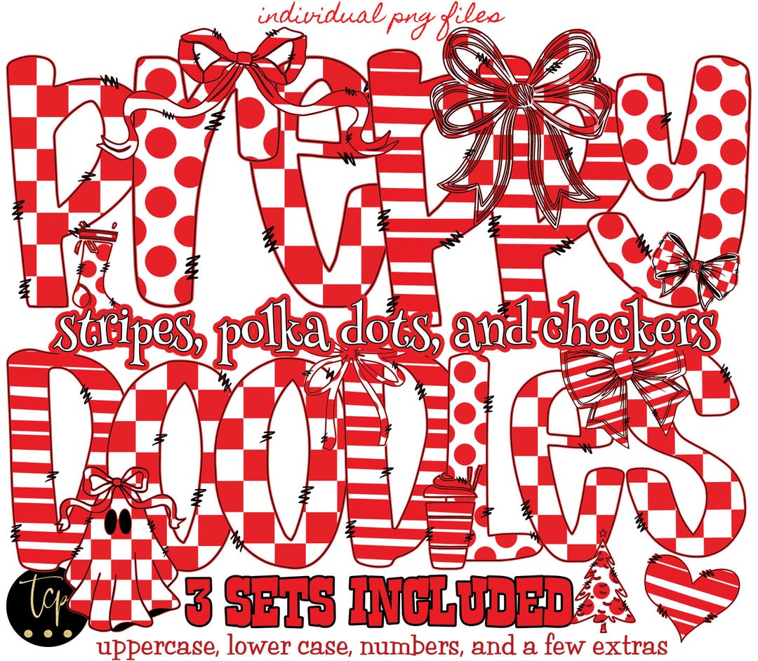 Red Preppy Doodle Alphabet PNG Set, Checkers, Polka Dot & Stripes ...