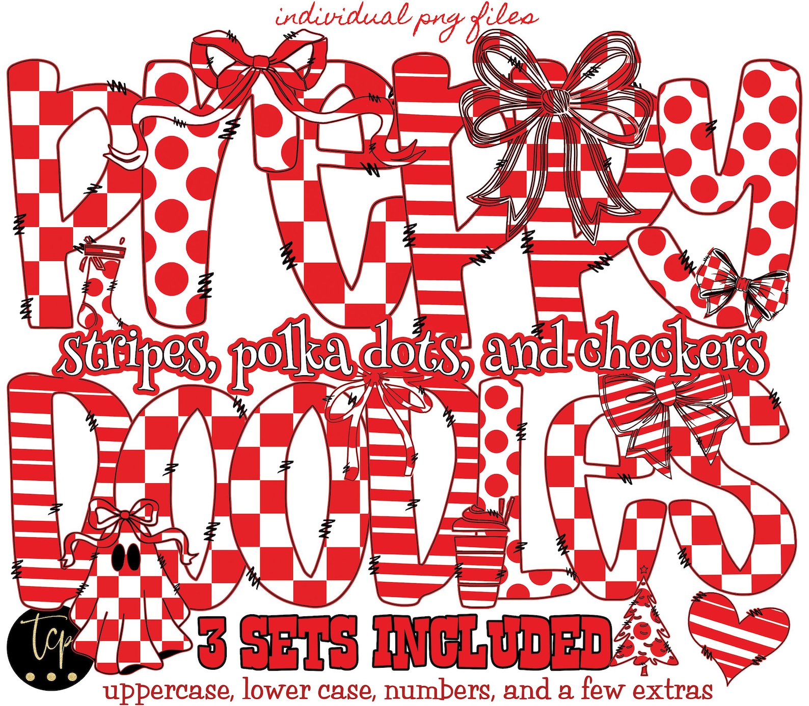 Red Preppy Doodle Alphabet PNG Set, Checkers, Polka Dot & Stripes ...