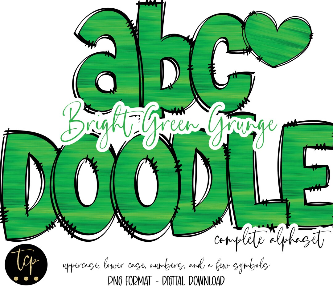 Grass Green Doodle Letters PNG Alphabet Bundle, Hand Drawn Alphabet ...