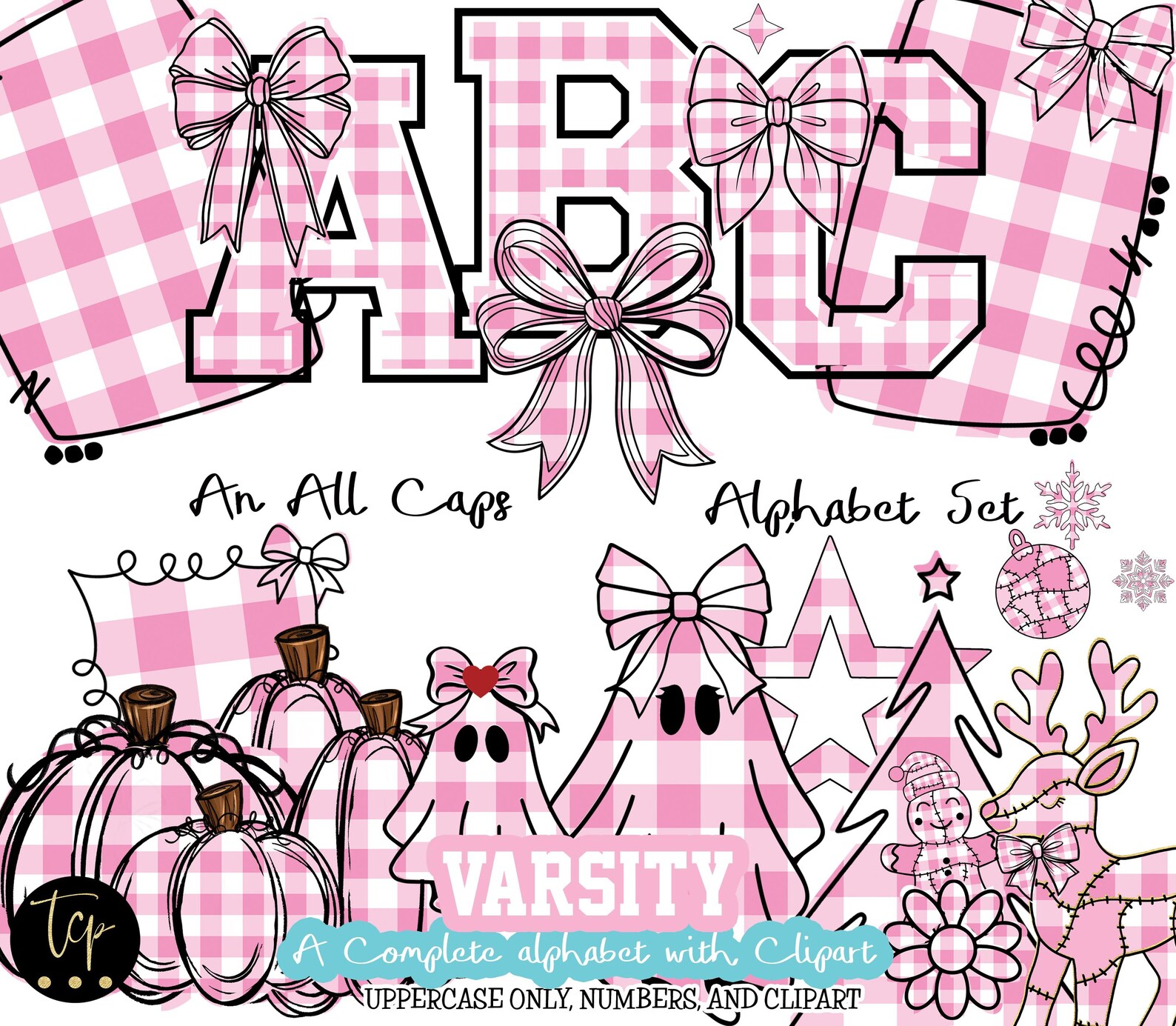 Varsity Alphabet PNG Set: Pink Gingham Letters & Clipart (digital ...