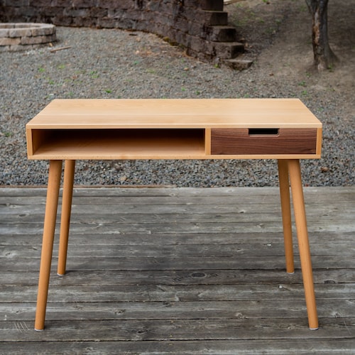 Beech Mid Century Modern Desk With Walnut Drawer - Etsy
