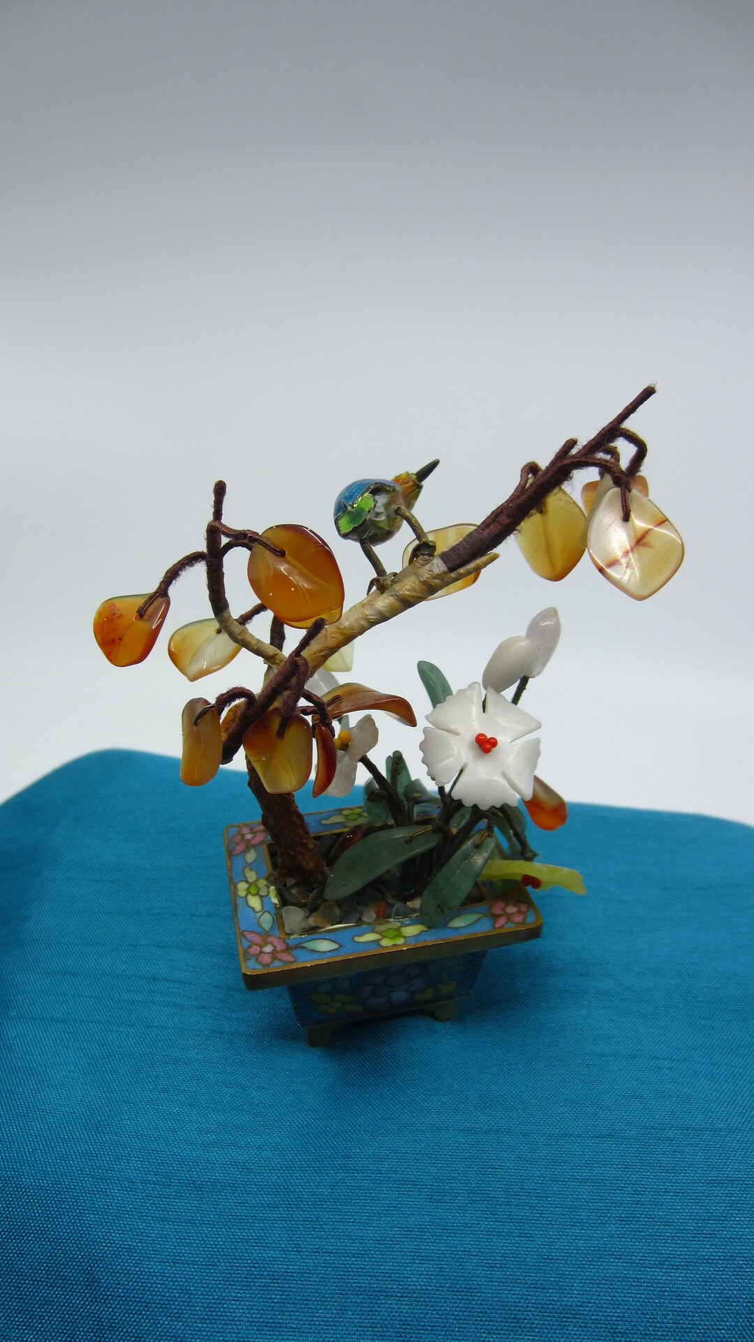 Vintage Chinese Carved Stone Bonsai Tree With Enamel Bird Figurine ...