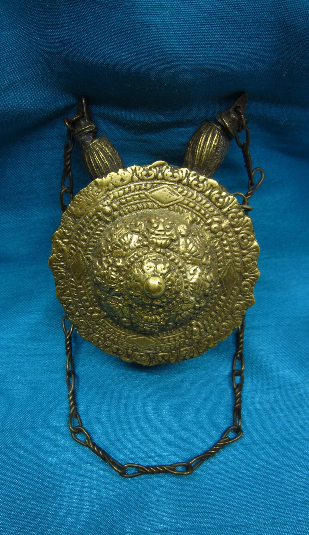 Antique Balkan or Greek Brass Gun Powder Flask W/ Chain and 2 Nozzles ...