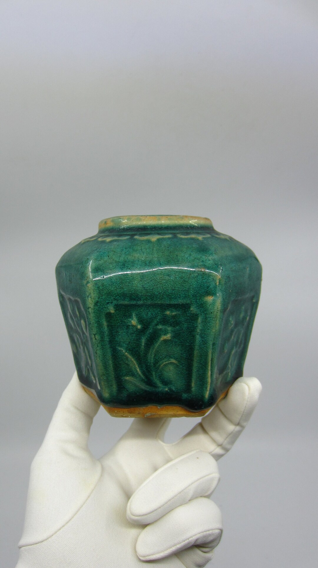 Antique Chinese Small Green Glazed Hexagon Pottery Ginger Jar Floral ...