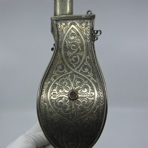Antique North African Gun Powder Flask W/ Engraved Decor Berber? Silver ...