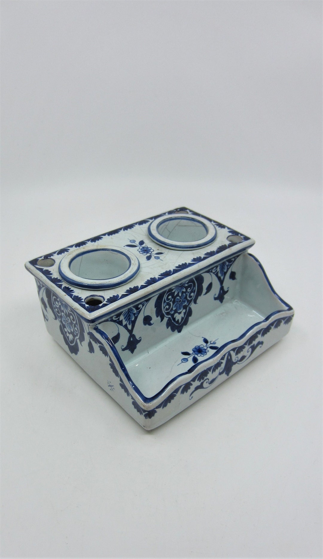 Antique French Hand Painted Glazed Ceramic Inkwell Inkstand Rouen 1700s ...
