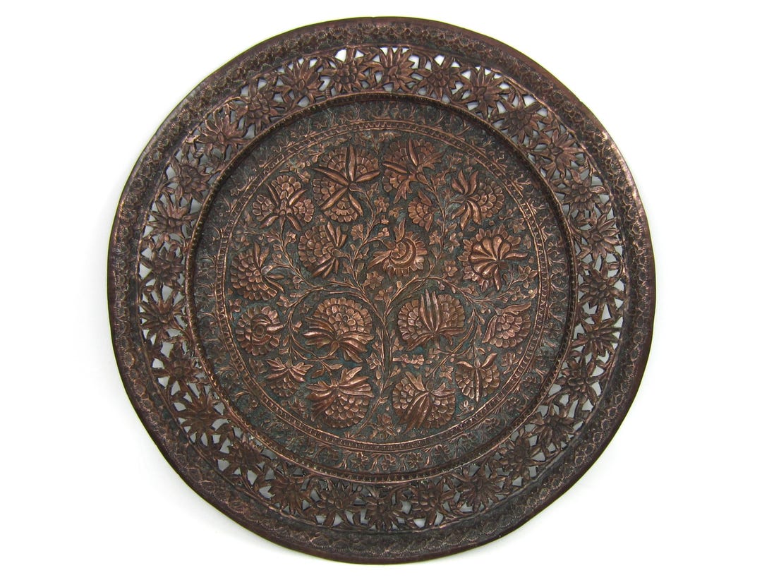 Antique Indian Hand Crafted Copper Tray / Decorative Plate Kashmiri ...