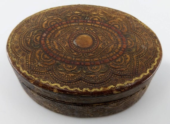 Antique Italian Embossed Leather Oval Lidded Box With Silk - Etsy