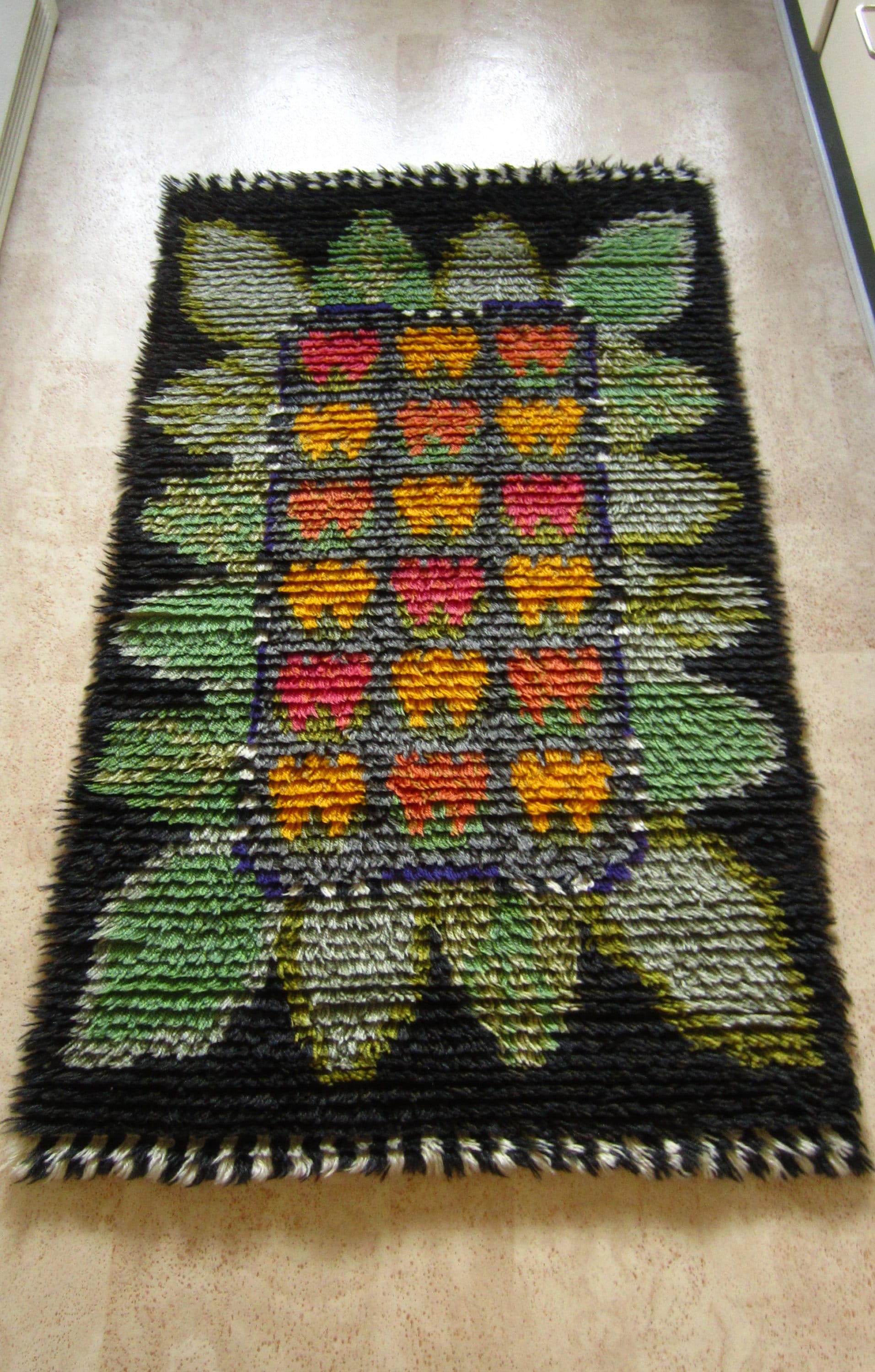 Vintage Swedish Handmade Woolen Rya Rug With Geometric Decor | Etsy