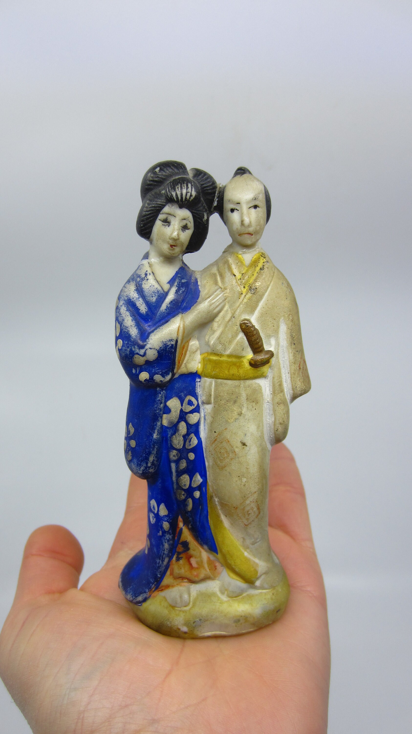 Pair of Antique Japanese Hand Painted Porcelain Figurines Depicting Man ...