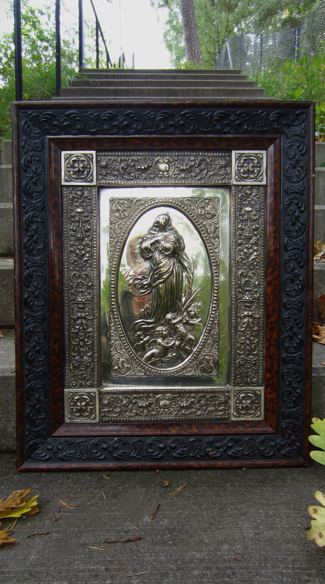Antique Large Silver Plated Metal Relief Madonna Immaculata Four ...