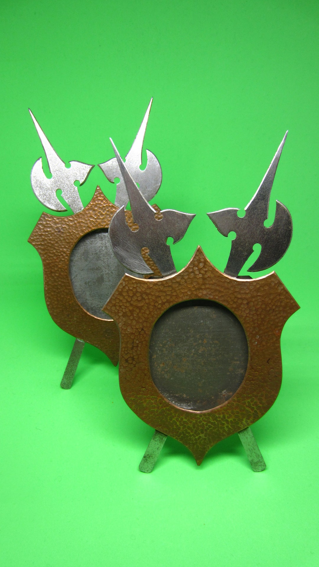 Two Antique Halberd & Shield Shaped Photo Frames Hammered Copper Steel ...