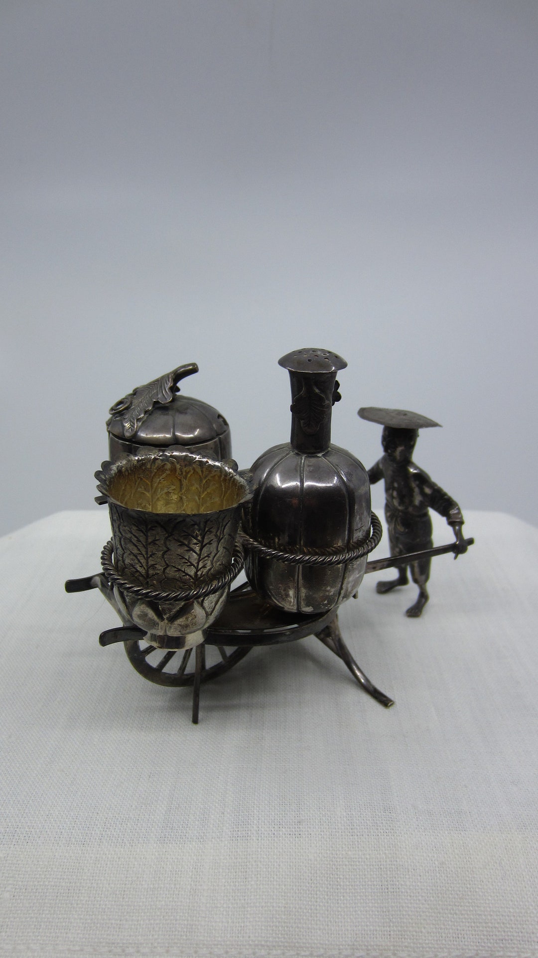 Antique Chinese Wang Hing Silver Cruet Set & Stand Rickshaw Figurine ...